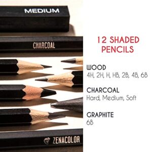 Zenacolor - Drawing Set, Sketch Kit for Beginners or Professional - Sketching kit with Sketchbook, 8 Drawing Pencils, 3 Charcoal Pencils, 1 Graphite Pencil, 2 Charcoal Sticks