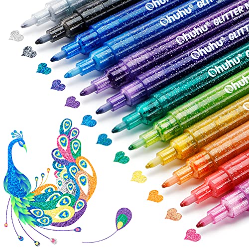 Ohuhu Glitter Markers Pen 12 Glitter Colors Metallic Marker Fine Point Tip Water-based Ink for Kids Adults DIY Crafts Greeting Birthday Cards Making Poster Album Scrapbooking Mugs Wood