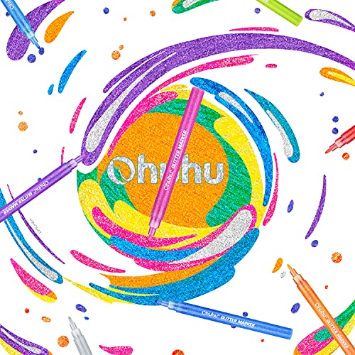 Ohuhu Glitter Markers Pen 12 Glitter Colors Metallic Marker Fine Point Tip Water-based Ink for Kids Adults DIY Crafts Greeting Birthday Cards Making Poster Album Scrapbooking Mugs Wood