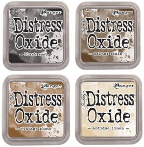 tim holtz ranger distress oxide ink bundle – four 3″ x 3″ pads (e : black soot, walnut stain, vintage photo, and antique linen)