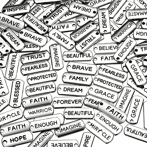 80 Pieces Word Charms Pendants Engraved Motivational Jewelry Making Accessories for DIY Necklaces, Bracelets, Key Chains(Silver)