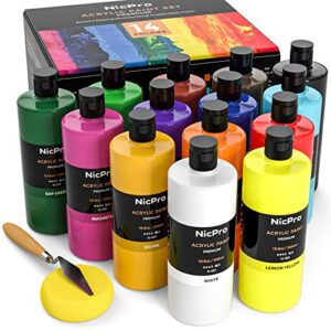 nicpro 14 colors large bulk acrylic paint set (16.9 oz,500 ml) rich art painting supplies, non toxic for multi surface canvas wood leather fabric stone craft, for kid & adult with color wheel