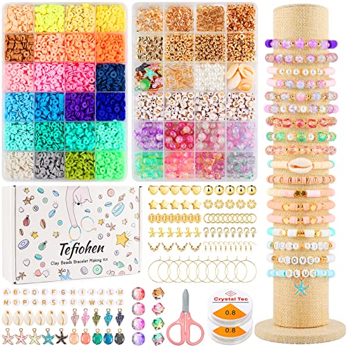 Tefiohen Clay Beads 6000 PCS Bracelet Making Kit 2 Boxes,24 Colors Spacer Heishi Beads Flat Round Polymer Beads for Jewelry Making with Pendant Charms Kits and Elastic Strings