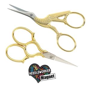 gingher embroidery scissors with sheaths. vintage gold stork and epaulette styles. 2-pc. bundle, plus decorative ‘needleworker’ magnet