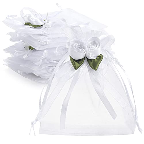 ONUPGO 50 Pack White Rose Organza Gift Bags with Drawstring, 4 x 4.7 inch Wedding Favor Gift Bags, Small Mesh Candy Bags Jewelry Pouches for Party Wedding Christmas DIY Craft