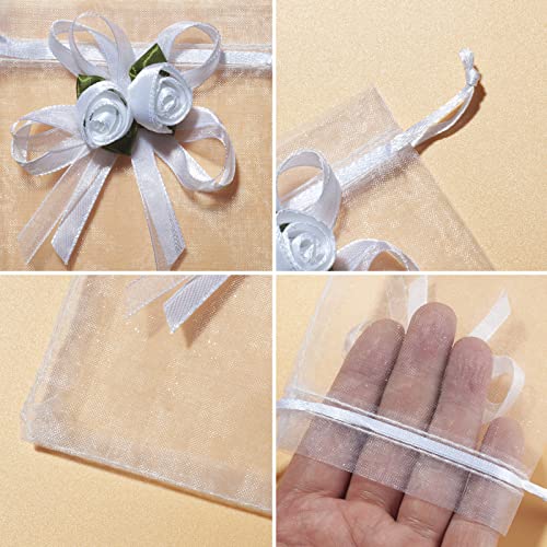 ONUPGO 50 Pack White Rose Organza Gift Bags with Drawstring, 4 x 4.7 inch Wedding Favor Gift Bags, Small Mesh Candy Bags Jewelry Pouches for Party Wedding Christmas DIY Craft