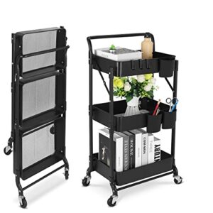 johgee foldable 3 tier metal utility rolling cart, folding mobile multi-function storage trolley organizer cart for home library office(black)