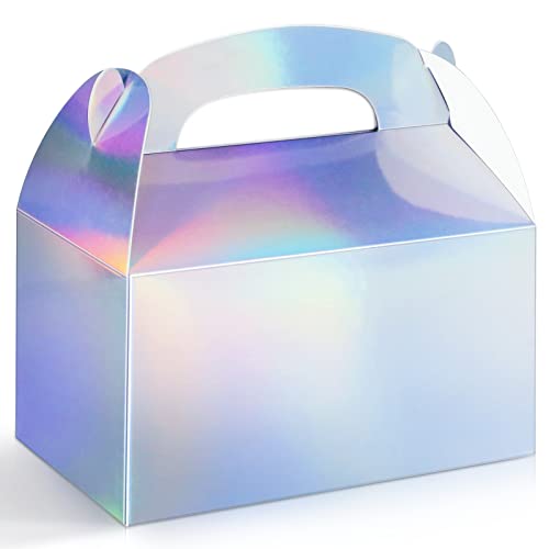 Harhana Party Treat Boxes, Iridescent Metallic Foil Gift Boxes- for Party Favors, Small Goodie Candy Boxes for Wedding, Birthday, Iridescent White, 6.2 x 3.6 x 3.4 Inches (12 pcs)