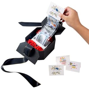 jsupmkj money pull box for cash gift, money roll gift box with flower, ribbon gift box, money gift box pull for birthday/christmas/valentine’s day (black)