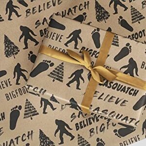 Bigfoot Believe Pattern Gift Wrapping Paper on Kraft - 24" x 10'