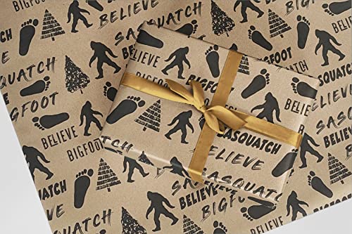 Bigfoot Believe Pattern Gift Wrapping Paper on Kraft - 24" x 10'