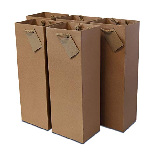 Wine Gift Bag - 12 Pack Large Brown Luxury Kraft Paper Bottle Bags with Jute Handles, Reusable, for Gift Bottles, Presents, Parties, Weddings, House Warming, Christmas, Holidays in Bulk - 5x4x14