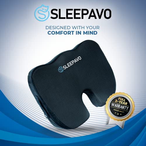 Sleepavo Black Memory Foam Seat Cushion for Office Chair - Cooling Gel Pillow for Sciatica Coccyx Back Tailbone & Lower Back Pain Relief - Chair Pad for Lumbar Support in Office Desk, Car & Airplane