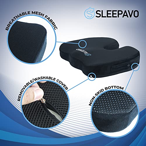 Sleepavo Black Memory Foam Seat Cushion for Office Chair - Cooling Gel Pillow for Sciatica Coccyx Back Tailbone & Lower Back Pain Relief - Chair Pad for Lumbar Support in Office Desk, Car & Airplane