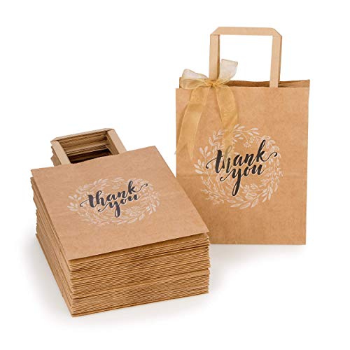 OSpecks Medium Size 8x4.75x10 inch Paper Bags, 50 Count, Thank You Gift Bags Bulk with Handle (No Bow or Ribbon), Brown Kraft Paper Bags for Retail Shopping, Wedding, Goodies, Merchandise for Customers or Guests