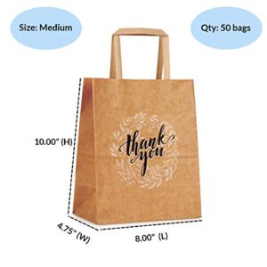 OSpecks Medium Size 8x4.75x10 inch Paper Bags, 50 Count, Thank You Gift Bags Bulk with Handle (No Bow or Ribbon), Brown Kraft Paper Bags for Retail Shopping, Wedding, Goodies, Merchandise for Customers or Guests