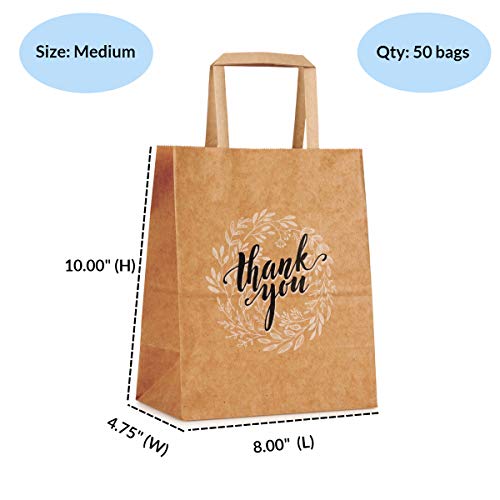 OSpecks Medium Size 8x4.75x10 inch Paper Bags, 50 Count, Thank You Gift Bags Bulk with Handle (No Bow or Ribbon), Brown Kraft Paper Bags for Retail Shopping, Wedding, Goodies, Merchandise for Customers or Guests