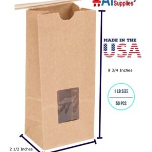 Kraft Tin Tie Poly-Lined Bags Coffee Bags Reclosable Tin Tie Bags with Window - 1Lb - 50 Pack