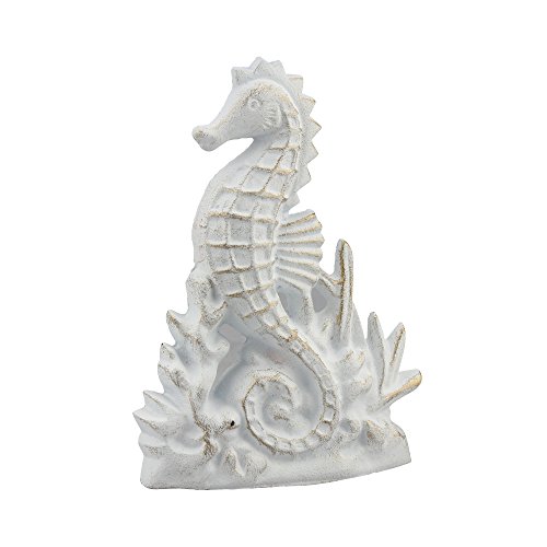 Stonebriar Nautical White Seahorse Cast Iron Door Stopper with Gold Highlights