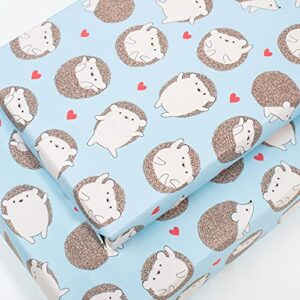 CENTRAL 23 - Wrapping Paper for Kids - Boys - Girls - Blue GiftWrap - Hedgehog and Hearts - Birthday Wrapping Paper - Recyclable