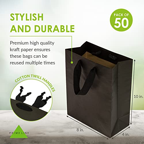 Black Gift Bags with Handles - 8x4x10 Inch 50 Pack Designer Shopping Bags in Bulk, Small Gift Wrap Totes with Fabric Ribbon Handles for Boutiques, Small Business, Retail Stores, Merchandise, Parties