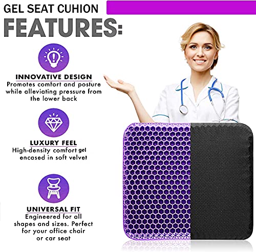 Gel Enhanced Seat Cushion - Double Thick Orthopedic Seat Cushion with Non-Slip Cover - Office Chair Car Seat Cushion - Tailbone Cushion - Coccyx Cushion - Sciatica Pillow for Sitting