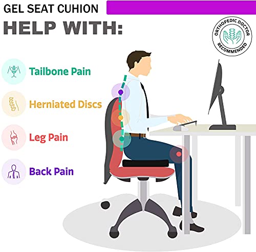 Gel Enhanced Seat Cushion - Double Thick Orthopedic Seat Cushion with Non-Slip Cover - Office Chair Car Seat Cushion - Tailbone Cushion - Coccyx Cushion - Sciatica Pillow for Sitting