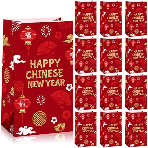 28 Pack 2023 Chinese New Year Party Supplies Lunar New Year Party Present Bags Spring Festival Red Paper Treat Goodie Candy Favor Bags for Year of The Rabbit New Year Party Decorations