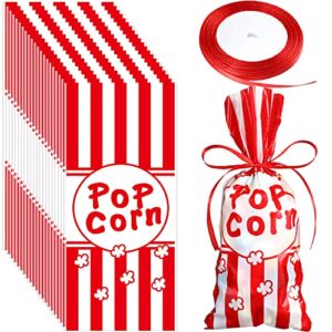 100 pieces popcorn cellophane bags carnival goodie bags red and white stripe treat bags with a roll of red ribbon for chocolate candy snacks cookies carnival birthday party supplies