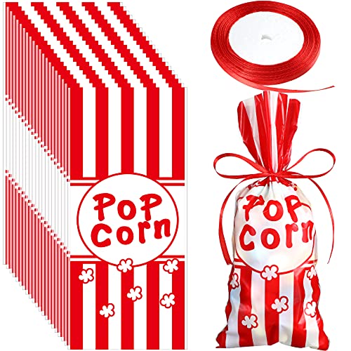 100 Pieces Popcorn Cellophane Bags Carnival Goodie Bags Red and White Stripe Treat Bags with A Roll of Red Ribbon for Chocolate Candy Snacks Cookies Carnival Birthday Party Supplies