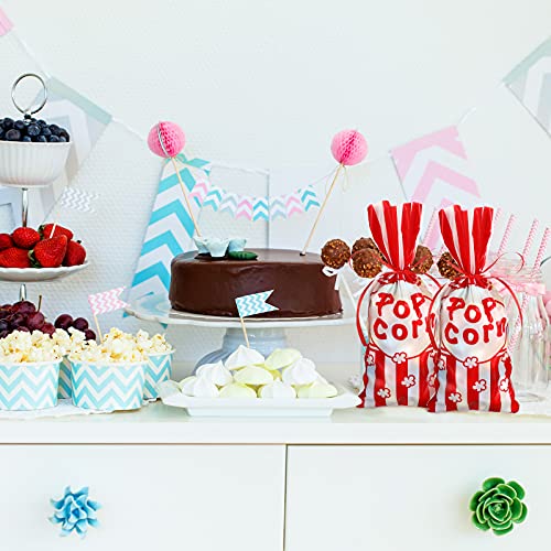 100 Pieces Popcorn Cellophane Bags Carnival Goodie Bags Red and White Stripe Treat Bags with A Roll of Red Ribbon for Chocolate Candy Snacks Cookies Carnival Birthday Party Supplies