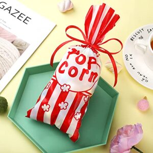 100 Pieces Popcorn Cellophane Bags Carnival Goodie Bags Red and White Stripe Treat Bags with A Roll of Red Ribbon for Chocolate Candy Snacks Cookies Carnival Birthday Party Supplies