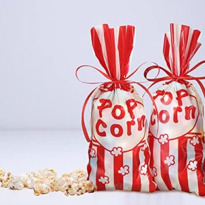 100 Pieces Popcorn Cellophane Bags Carnival Goodie Bags Red and White Stripe Treat Bags with A Roll of Red Ribbon for Chocolate Candy Snacks Cookies Carnival Birthday Party Supplies