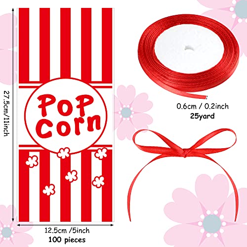 100 Pieces Popcorn Cellophane Bags Carnival Goodie Bags Red and White Stripe Treat Bags with A Roll of Red Ribbon for Chocolate Candy Snacks Cookies Carnival Birthday Party Supplies