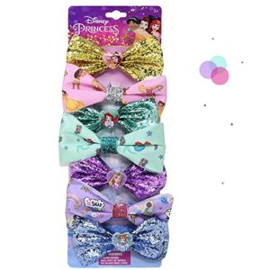 disney princesses bow set – disney princess hair bows featuring moana, rapunzel, belle, cinderella with sequins and metal clip – sparkly sequined bow clips for girls hair accessories – 7 piece