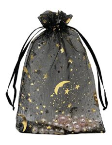 jexila 100pcs black organza bags 5”x7” moon star pattern mesh jewelry gift bags with drawstring for wedding party favor small candy bags