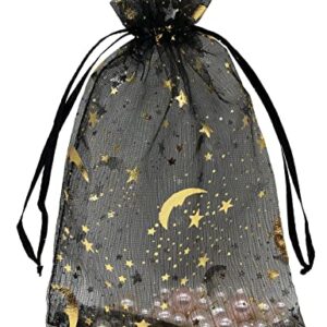 Jexila 100PCS Black Organza Bags 5''X7'' Moon Star Pattern Mesh Jewelry Gift Bags with Drawstring for Wedding Party Favor Small Candy Bags