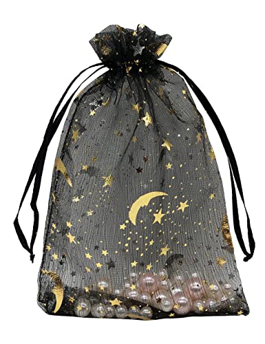 Jexila 100PCS Black Organza Bags 5''X7'' Moon Star Pattern Mesh Jewelry Gift Bags with Drawstring for Wedding Party Favor Small Candy Bags