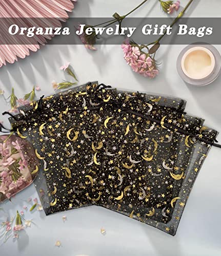 Jexila 100PCS Black Organza Bags 5''X7'' Moon Star Pattern Mesh Jewelry Gift Bags with Drawstring for Wedding Party Favor Small Candy Bags