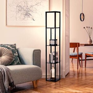 Brightech Maxwell - Modern Shelf Floor Lamp with Lamp Shade and LED Bulb - Corner Display Floor Lamps with Shelves for Living Room, Bedroom and Office - Black