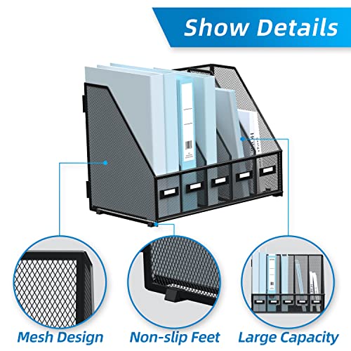 SUPEASY Desk Organizers Metal Desk Magazine File Holder with 5 Vertical Compartments Rack File Organizer for Office Desktop, Home Workspace, Black