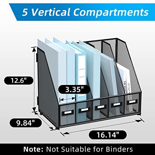 SUPEASY Desk Organizers Metal Desk Magazine File Holder with 5 Vertical Compartments Rack File Organizer for Office Desktop, Home Workspace, Black