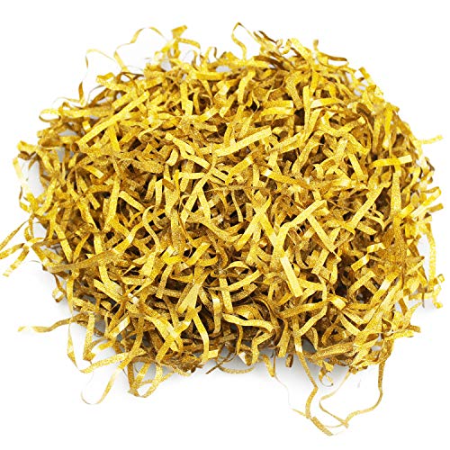 Glitter Raffia Paper Shreds & Strands Shredded Crinkle Confetti for DIY Gift Wrapping & Basket Filling (Golden)