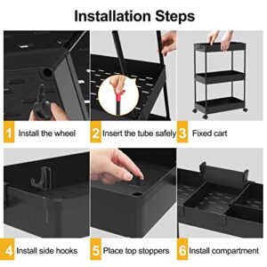 SPACELEAD 3 Tier Rolling Cart with Wheels, Storage Craft Art Cart Trolley Organizer Serving Cart, 3 Hanging Baskets Easy Assembly, for Office, Living Room, Kitchen, Black