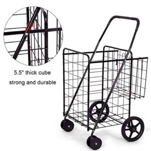 Goplus Jumbo Folding Shopping Cart with Rolling Swivel Wheels, Foldable Grocery Cart on Wheels with Double Basket, Heavy Duty Utility Cart, Shopping Carts for Groceries Laundry Book Luggage Travel