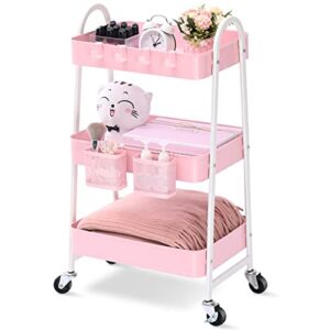 kingrack 3 tier utility rolling cart,metal rolling storage cart,craft art cart with handle and locking wheels & 2 hanging baskets 4 hooks for bathroom,kids’room,classroom,bedroom,pink