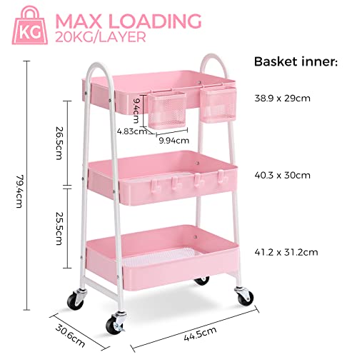 KINGRACK 3 Tier Utility Rolling Cart,Metal Rolling Storage Cart,Craft Art Cart with Handle and Locking Wheels & 2 Hanging Baskets 4 Hooks for Bathroom,Kids'Room,Classroom,Bedroom,Pink