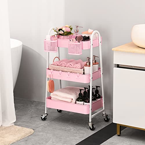 KINGRACK 3 Tier Utility Rolling Cart,Metal Rolling Storage Cart,Craft Art Cart with Handle and Locking Wheels & 2 Hanging Baskets 4 Hooks for Bathroom,Kids'Room,Classroom,Bedroom,Pink