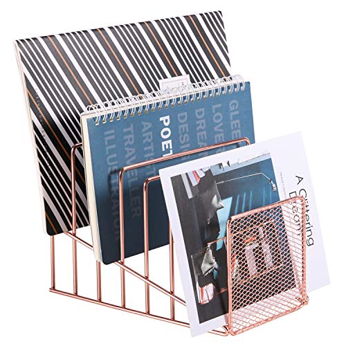 Simmer Stone Incline File Sorter, 7 Slot Magazine Holder for Letter, Document, Folder and Book, Metal Desktop Organizer Rack for Home, School and Office, Rose Gold