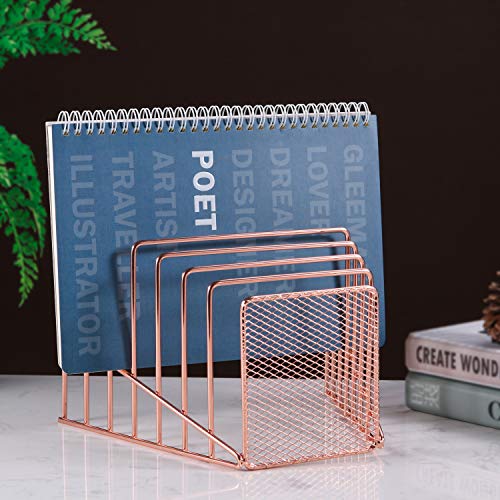 Simmer Stone Incline File Sorter, 7 Slot Magazine Holder for Letter, Document, Folder and Book, Metal Desktop Organizer Rack for Home, School and Office, Rose Gold